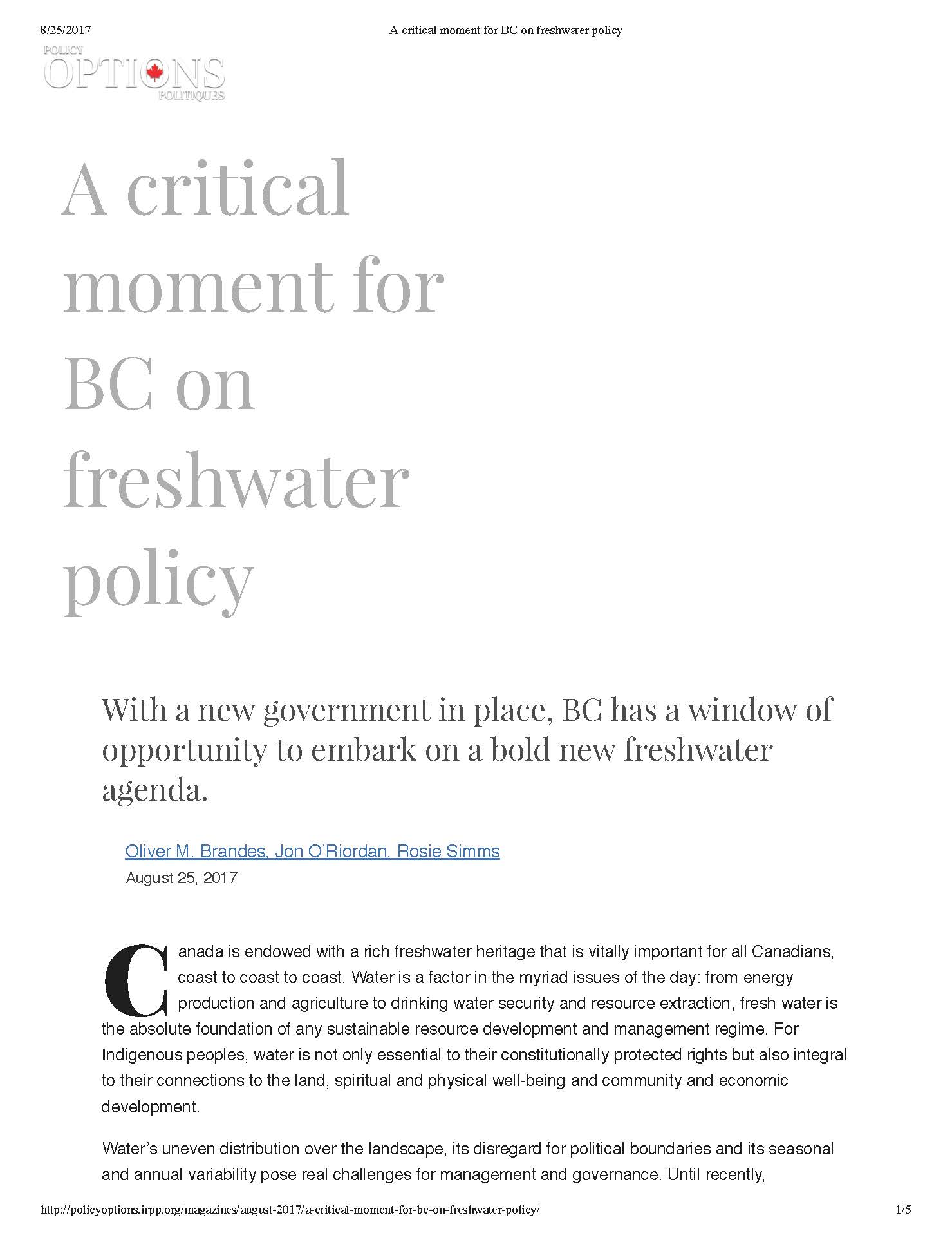 A critical moment for BC on freshwater policy - POLIS Water ...