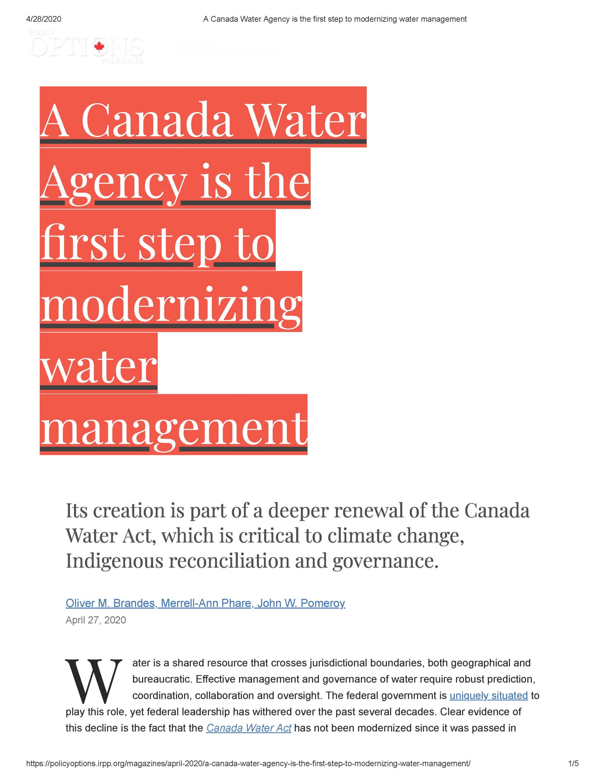 A Canada Water Agency is the first step to modernizing water management ...